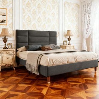 Generic Polsterbett, Doppelbett mit Lattenrost, 140x200cm gepolsteres Bettgestell mit Kopfteil, in Schwarz Leinen, für Erwachsene&Jugendliche, (Grey)