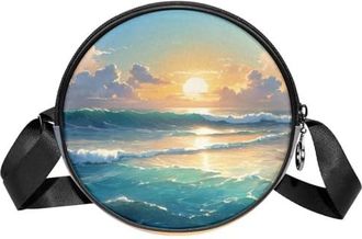 Generic Petit sac &agrave; bandouli&egrave;re Circle pour femme, motif coucher de soleil, sac &agrave; bandouli&egrave;re avec fermeture &eacute;clair, bretelles r&eacute;glables, sac &agrave; main rond d&eacute;co