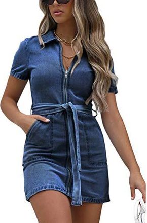 ORANDESIGNE Robe Été Femme De Plage Rétro Denim Robes Col V Casual Tuniques Ample Bouton Chemise Longue Chemisier en Jean Mini Robe F Bleu XL