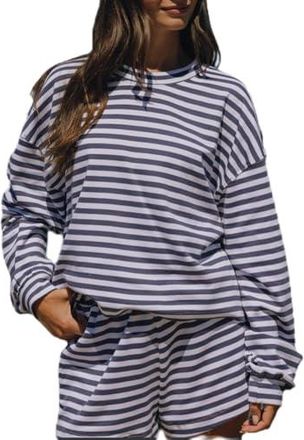 Generic Ensemble de pyjama 2 pi&egrave;ces &agrave; rayures &agrave; manches longues pour femme, ensemble de pyjama 2 pi&egrave;ces, tenue Y2K, ensemble court assorti, bleu, XL