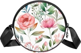 Generic Petit sac &agrave; bandouli&egrave;re circulaire pour femme, motif feuilles florales, sac &agrave; dos avec fermeture &eacute;clair, bretelles r&eacute;glables, sac &agrave; main rond d&eacute;contra