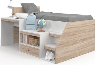 IDMarket Lit combin&eacute; avec sommier, bureau et rangement LEOPOLD 90 x 190 cm h&ecirc;tre et blanc