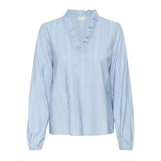 Kaffe Chemisier F&eacute;minin en Chambray avec Volant - Femme - Blouses et Chemises - Bleu - Taille: 36 FR
