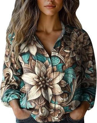 Generico Chemise Femme d&Eacute;t&eacute; D&eacute;contract&eacute; &agrave; Manches Longues Chemises Coton Et Lin Curvy Respirant T Shirt Col en V Doux Chemisier Vintage Imprim&eacute; avec Boutons Mo