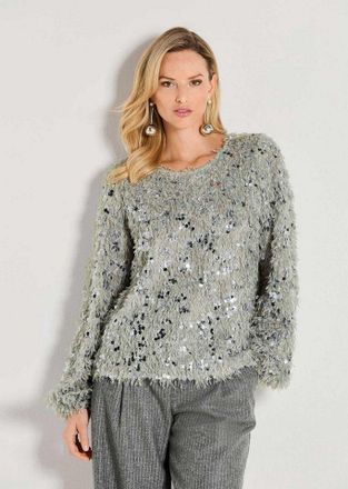 Madeleine Langarmshirt Glitzersweatshirt mit Federn Funkelndes Design mit Rundhals und langen &Auml;rmeln