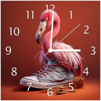 Wallario Design-Wanduhr Flamingo im Sneaker aus Glas, Motiv-Uhr Größe 30 x 30 cm, weiße Zeiger