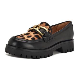 Nine West Mocassins &agrave; pignons pour femme, Noir/Leopard Multi 001, 39 EU