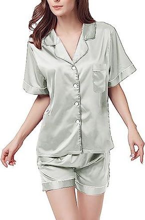 Generic Vêtements de nuit en satin pour femme - Ensemble de pyjama en satin soyeux à manches courtes - Ensemble de vêtements de nuit à manches courtes - Ensem