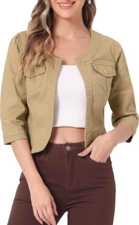 Allegra K Damen Jeansjacke 3/4 &Auml;rmel Open Front Kragenlos Jacke mit Taschen Khaki XS