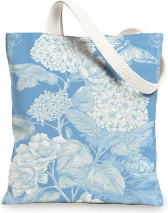 Generic Sacs fourre-tout vintage en toile à motif floral, sacs à provisions réutilisables, légers et lavables avec bandoulière en toile, bleu, 13x15 Inch