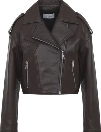 Yves Salomon Femme, Vestes, Brun, Taille: 38 FR Blouson de motard court en agneau plong&eacute;