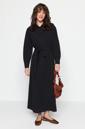 Trendyol Modest Damen Schwarz Einfarbig Maxi Lang Casual Hemdblusenkleid Modest Kleider