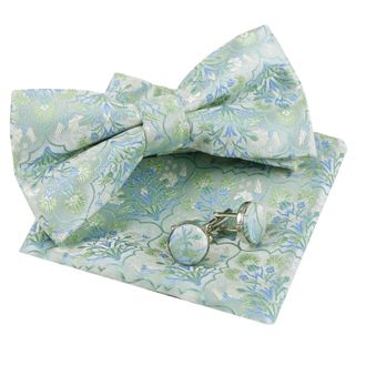 Alizeal Vorgebundene Fliege, Einstecktuch und Manschettenkn&ouml;pfe f&uuml;r Herren, Blumenmuster, f&uuml;r Hochzeit, Party, Business, 3-teiliges Set, 052-Hellgr&uuml;n + Hellbl