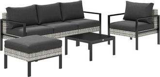 OUTSUNNY Ensemble salon de jardin 5 places 4 pi&egrave;ces coussins anthracite m&eacute;tal &eacute;poxy noir r&eacute;sine tress&eacute;e 2 fils gris