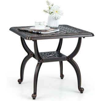 Costway Table de Jardin Carr&eacute;e 53 cm en Fonte dAluminium, Table dAppoint dExt&eacute;rieur avec &Eacute;tag&egrave;re de Rangement Motif Floral Sculpt&eacute; Creux, pour Patio