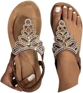 Generic Sandales plates d&eacute;t&eacute; d&eacute;contract&eacute;es et l&eacute;g&egrave;res &agrave; enfiler en similicuir avec barre en T et strass pour femme, F Brown., 35.5 EU