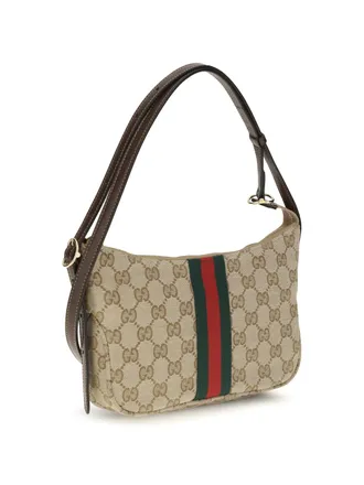 Gucci Mens Shoulder Bag Lunetta Leather Trim Vintage Sand-Dark Brown-Vrv Fabric Sand/dark Brown/vrv