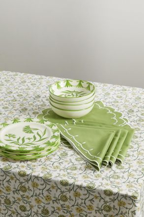 Maison Margaux Nappe En Coton &Agrave; Imprim&eacute; Fleuri, Quatre Serviettes Et Sets De Table &Agrave; Broderies Et Quatre Assiettes Plates Et Bols - Vert