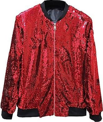 Generic Will Manteau pour femme &agrave; paillettes et manches longues et fermeture &eacute;clair, veste pilote dHalloween manteau &agrave; pois pour femme, rouge, 3XL