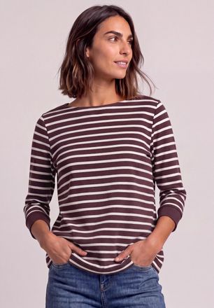 Street One Print-Shirt STREET ONE, Damen, Gr. 34, braun (rustic rouge), Web, 100% Baumwolle, gestreift, regular fit normal, U-Boot-Ausschnitt, B&uuml;ndchen, Shirts, 