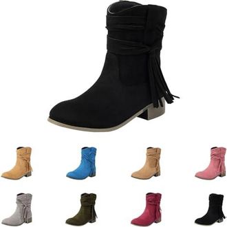 Generic Bottines larges en daim pour femme &agrave; bout rond et talon bas - Chaussures mi-mollet confortables - Chaussures de cowgirl et cowboy - Chaussures de marc