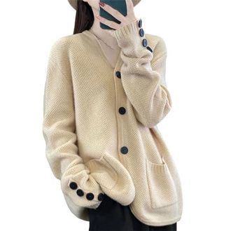 Generic Cardigan classique 100 % laine &agrave; col rond et manches longues pour femme, Yuan Rong Beige, Taille Unique