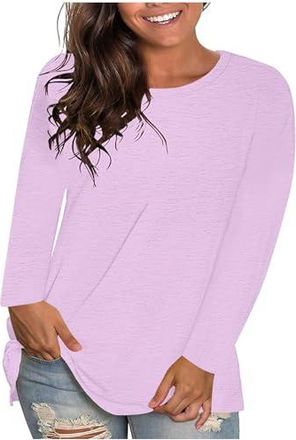 Generic RLEHJN Pas Cher Tee Shirt Manche Longue Femme Coton T-Shirt Haut Basique à Col Rond Blouse Femme Chic Et élégant Décontracté T Shirt Classiques Haut F