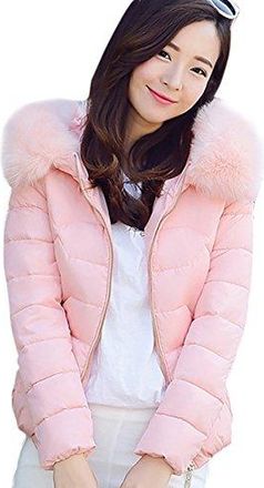 Missmao Doudoune à Capuche Faux Fourrure Épaissi Chaud Élégant Manteaux Vest Hiver Blouson Parka Court_Rose_L