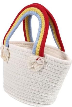 Hemoton Paquet &agrave; Main Bord De Mer Tiss&eacute; Arc-en-ciel En Coton Poign&eacute;e Color&eacute;e L&eacute;ger Pour Femme Paquet De Plage D&eacute;t&eacute; Boh&egrave;me En Blanc Plage Vacances Panier Fourr