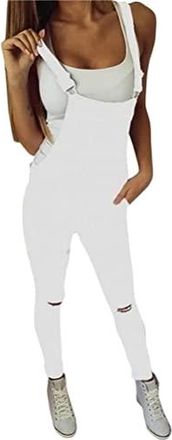 Onsoyours Combinaison en Denim Déchiré pour Femme Salopette en Jean Extensible à Bretelles Ajustables Salopette en Jean en Denim avec Poches Décontracté A Blanc