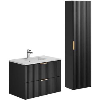 Vente-Unique Vente-unique - Meuble de salle de bain suspendu stri&eacute; avec vasque &agrave; encastrer et colonne - Noir - 80 cm - zevara