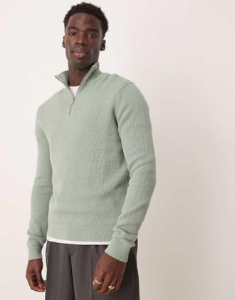 Selected Homme - Pull &agrave; col zipp&eacute; - Vert clair