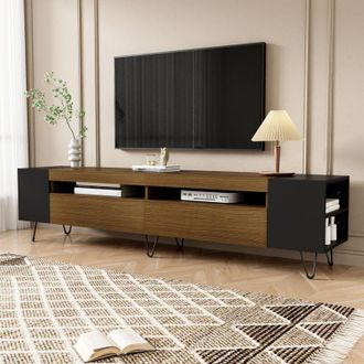 STILVORA Meuble TV avec 2 Portes et 4 Niches Ouvertes, Passe-c&acirc;bles, Pieds en Fer, Style Moderne, en MDF et PB, Noir et Bois, 180&times;36&times;43 cm