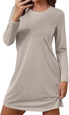 Generic Chemise de nuit en coton &agrave; manches longues pour femme, chemise de nuit courte en coton &agrave; col rond, v&ecirc;tements de nuit amples confortables, v&ecirc;tements de