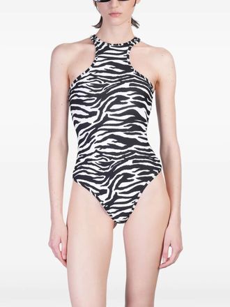 The Attico Neckholder-Badeanzug mit Zebra-Print - Schwarz