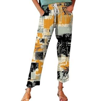 Generic Pantalon en Lin pour Femme Fluide Pantacourt &Eacute;t&eacute; Pantalon Court en Lin pour Femme Grande Taille Taille Haute Jambe Large Longueur Cheville Ray&eacute; La Pla