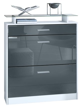 Vladon Schuhschrank Loret 89 x 104 x 23 cm Schuhkipper f&uuml;r 16 Paar Schuhe mit 1 Schublade, 1 Glasablage, Farben Wei&szlig; matt & Grau Hochglanz