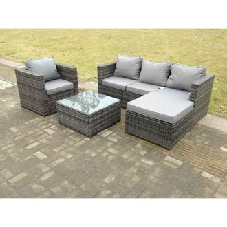Fimous Gartenlounge Sofa Set 5-sitzer Rattan Gartenm&ouml;bel Gartensofa Couchtisch Hocker mit Kissen f&uuml;r Garten, Balkon,Terrasse Dunkelgrau Mischen - Fimous