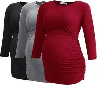 Smallshow Haut de Maternité pour Femmes Lot de 3 Vêtements de Grossesse à Manches froncées 3/4,Black/Grey/Wine,M