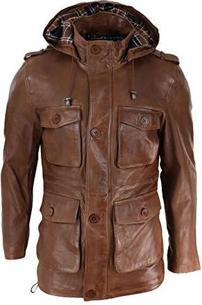 Infinity Leather Manteau pour Homme Longueur 3/4 en Cuir véritable Style Duffle Militaire Classique avec Capuche - Marron 3XL