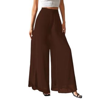 Generic Robe de plage en mousseline de soie pour femme - Pantalon palazzo ample et &eacute;l&eacute;gant - Taille &eacute;lastique avec poches, marron, XXL