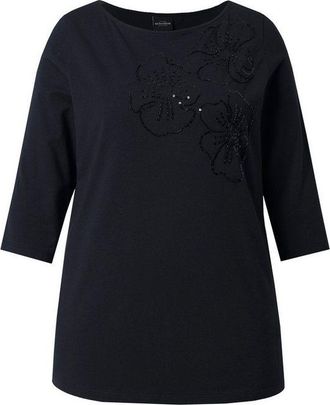 Ulla Popken T-Shirt Shirt Bl&uuml;ten Zierperlen U-Boot-Ausschnitt 3/4-Arm