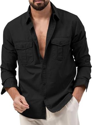 Generic Chemise de travail dautomne et dhiver pour homme, manches longues, revers de couleur unie, grande taille, 2026, Noir, 3XL