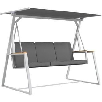 OUTSUNNY Balancelle de jardin design 3 places toit inclinaison r&eacute;glable matelas fourni acier blanc tissu gris fonc&eacute;