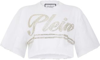 Philipp Plein Femme, Tops, Blanc, Taille: 38 FR Cropped T-Shirt Strass Signature