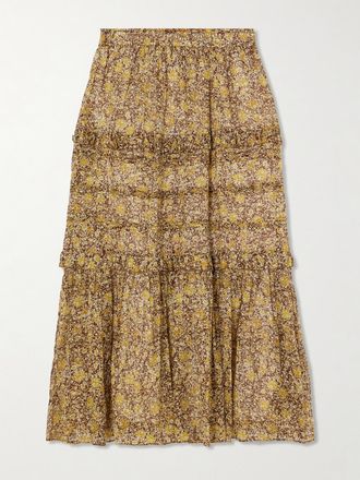 Isabel Marant Volomia Gestufter Midirock Aus Baumwolle Mit Blumenprint - Gr&uuml;n