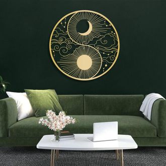 Generic Moderne minimalistische Kunst-Wanddekoration aus Metall, Sonne, Mond, Yin und Yang, Boho-Schild, Wohnzimmer-Wandbeh&auml;nge (Gold, 45,7 x 45,7 cm | 48 x 4