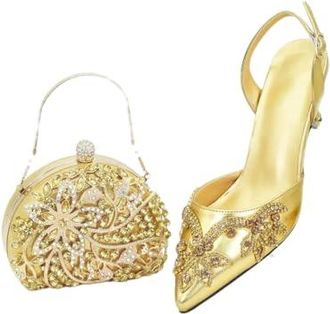 Generic Chaussures et sac pour femme - Escarpins en cristal - Pour fête de mariage - Élégant - Chaussures à talons et sac - Ensemble Italie, Or pour ensemble,