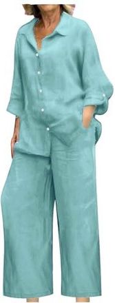 Generic Ensemble 2 pi&egrave;ces en lin pour femme 2024, chemises amples &agrave; manches longues, jambes larges, pantalon assorti, tenues de vacances grande taille, combin