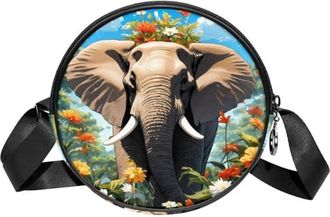 Generic Petit sac &agrave; bandouli&egrave;re rond pour femme, motif &eacute;l&eacute;phant, fleur d&eacute;l&eacute;phant avec fermeture &eacute;clair, bretelles r&eacute;glables, sac &agrave; main rond d&eacute;contract&eacute; pour 